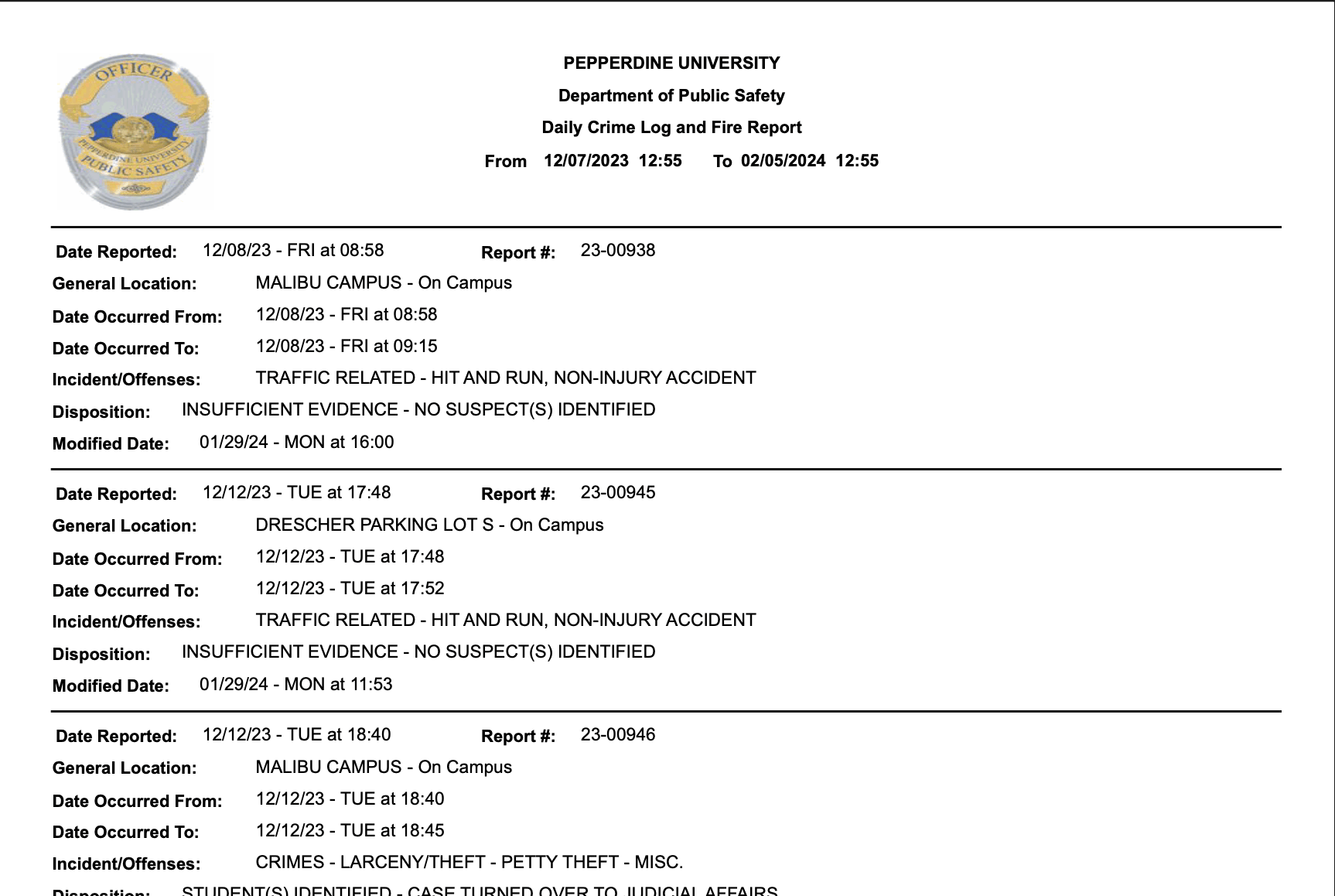 DPS Crime Logs 12.07.23 to 02.05.24 - Pepperdine Graphic